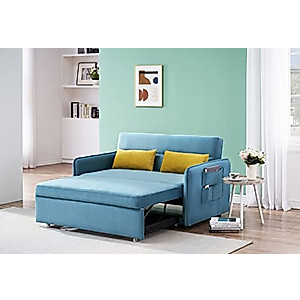 ERYE 3-in-1 Upholstered Futon Loveseat Convertible Sleeper Bed,2-Seaters Sofa & Couch Soft Cushions Love Seat Daybed for Small Space Living Room Sets Sofabed, Blue Velvet 2 Pillows Side Pockets Twin