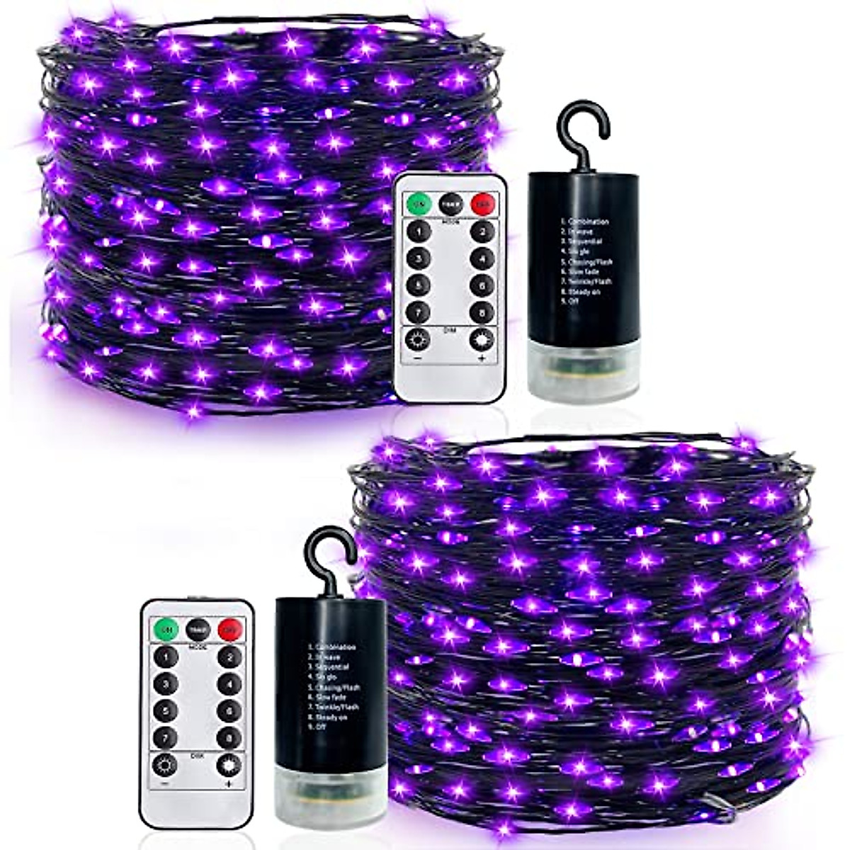 2 Set Halloween Lights Decorations, Total 400LED/131.2Ft Timer 8 Modes Remote Waterproof Battery Box Copper Fairy String Lights Halloween Decor Indoor Outdoor Garden, 200LED/65.6Ft Each (Purple)