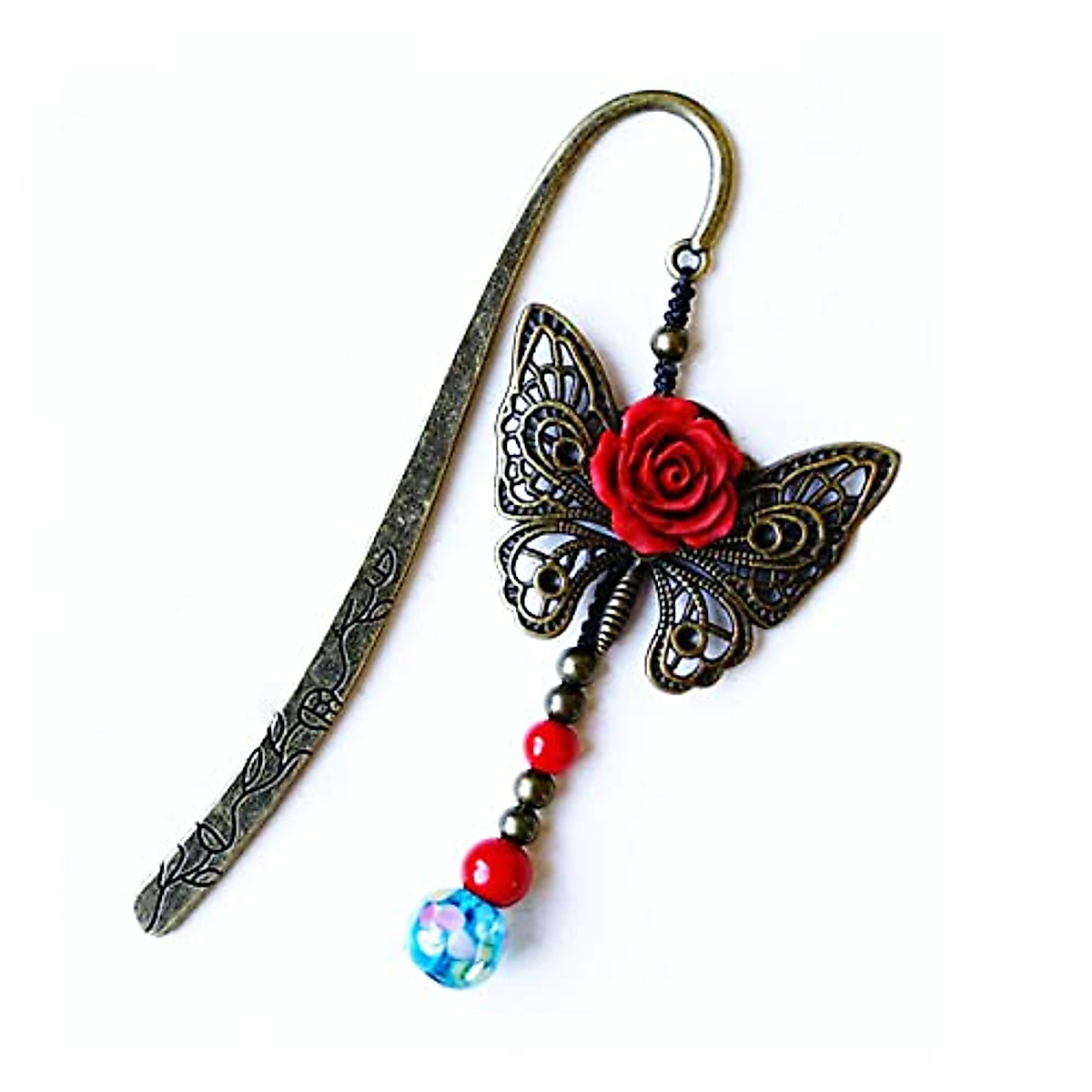 YIRUZWRD Classic Metal Bookmark Rose Flower Butterfly Design Bead Pendant Beading Bookmark