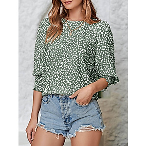 Teurkia Women's Casual Crewneck Tops 3/4 Sleeve Blouses Loose T Shirts Army Green