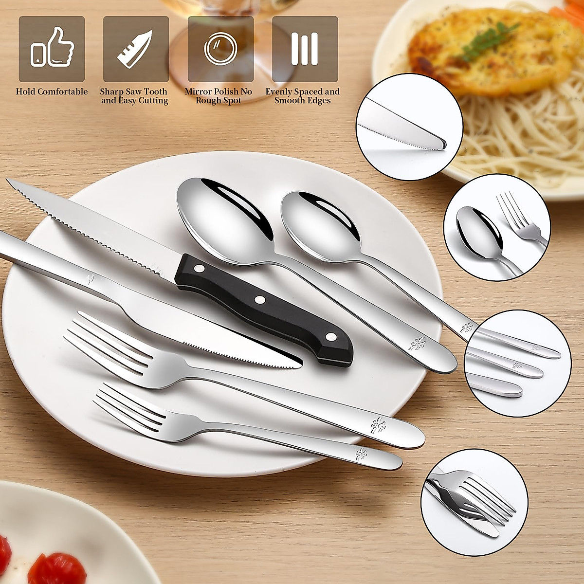 Amrules 58-Piece Silverware Set Service for 10 - Stainless Steel Flatware Cutlery Set - Knives Forks and Spoons Utensil sets for Home Kitchen Restaurant Hotel, Mirror Polished, Dishwasher Safe