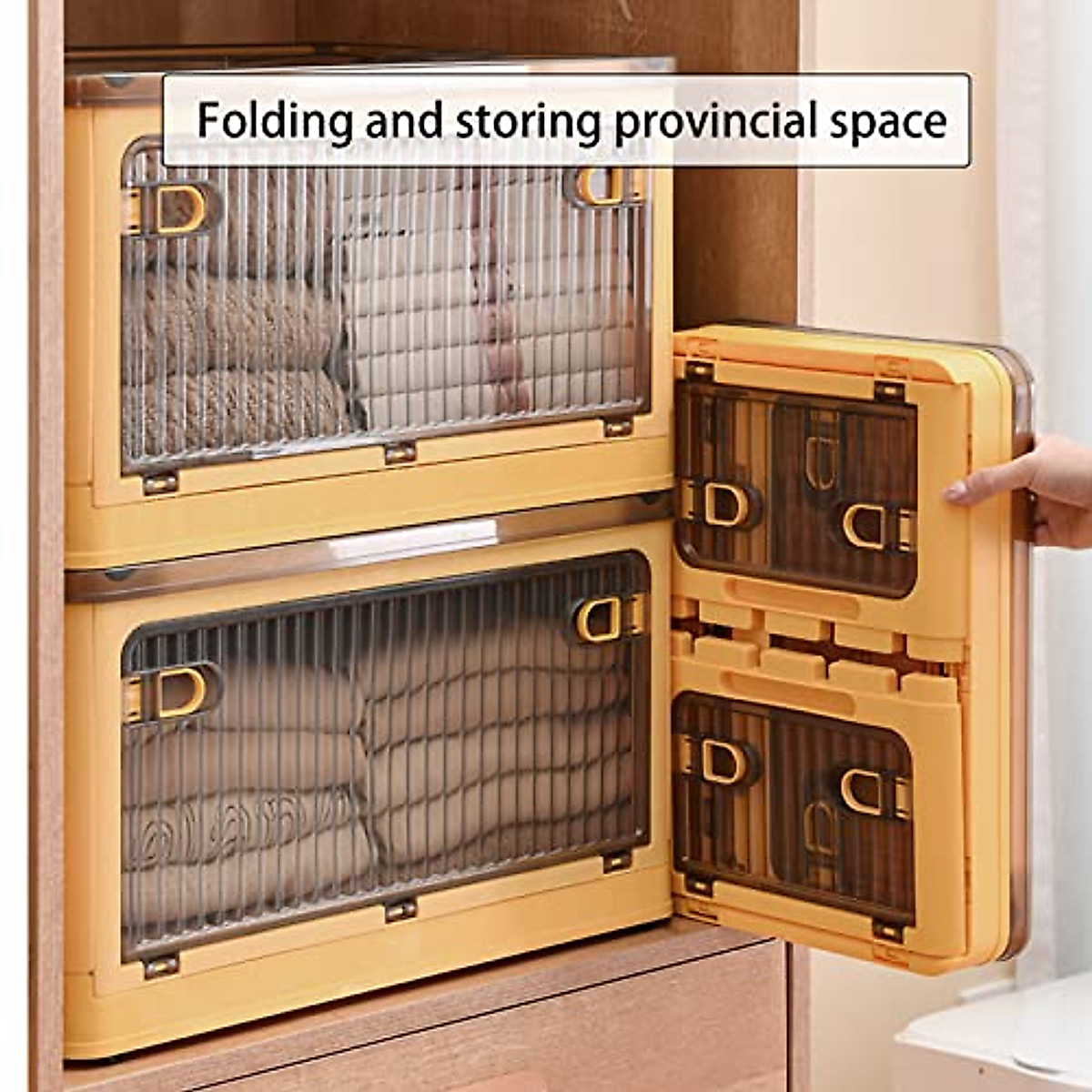 MAOWAPLG Folding Storage Box with Lid and Latches, 30 Qt Clear Stackable Storage Bins with Wheels, 5-Door Small Foldable Plastic Storage Boxes for Organizing Clothes Toy Books Grocery Quilt (1 Pack)