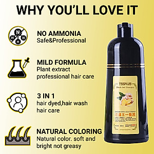 TSSPLUS Hair Dye Shampoo 3 in 1, Ginger Essence Black Hair Dye 16.9 Fl Oz, Black Hair Shampoo, Semi-Permanent Hair Color For Men and Women, 100% Gray Hair Coverage, Safe and Hair herbal shampoo