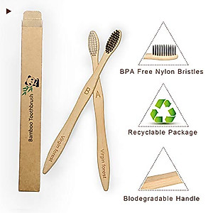 Virgin Forest Bamboo Toothbrushes, Eco Friendly BPA Free Soft Bristles Toothbrush, Biodegradable Natural Wooden Toothbrushes, Vegan Organic Bamboo Charcoal Tooth Brush for Sensitive Gums Set of 10