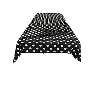 New Creations Fabric & Foam Inc, 60" Wide by 144" Long Rectangular Poly Cotton Polka Dot Tablecloth, White Dot on Black.