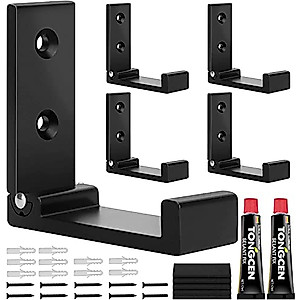Folding Coat Hooks, 5 Pcs Heavy Duty Wall Hooks, Aluminum Alloy Adhesive Foldable Headphone Holder Hooks Wall Mounted with 10 Screws for Hanging Coat, Hat, Towel, Bag, Black