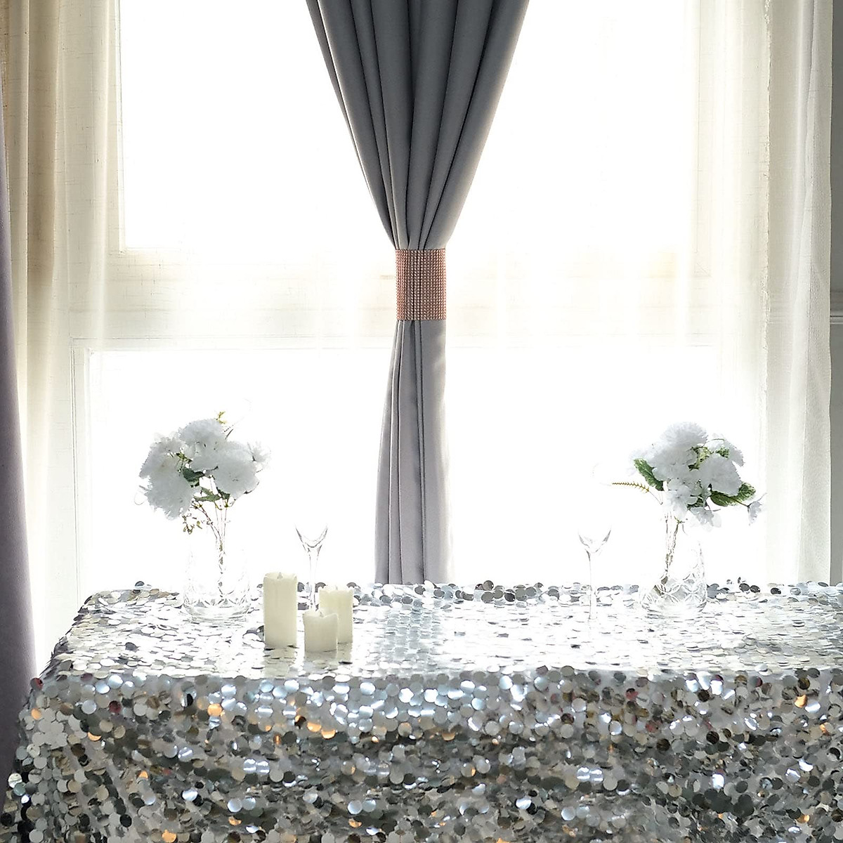 Tableclothsfactory 4 Pack | Blush/Rose Gold Large Rhinestone Mesh Chair Sash Clips, Backdrop Curtain Bands - 5"X10"