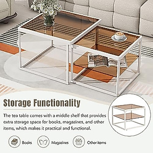 VKKILPEE Modern Nesting Coffee Table Set with High-Low Combination Design, Brown Tempered Glass Square Cocktail Table, White Metal Frame, Length Adjustable 2-Tier Center End Table for Living Room