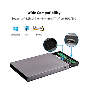 SSK Aluminum 2.5" Hard Drive Enclosure USB C 3.1 Gen 2(6Gbps) to SATA External HDD Case Adapter for 2.5 inch 7 9.5mm SATA III HDD SSD with UASP Compatible with WD Seagate PS4 Xbox