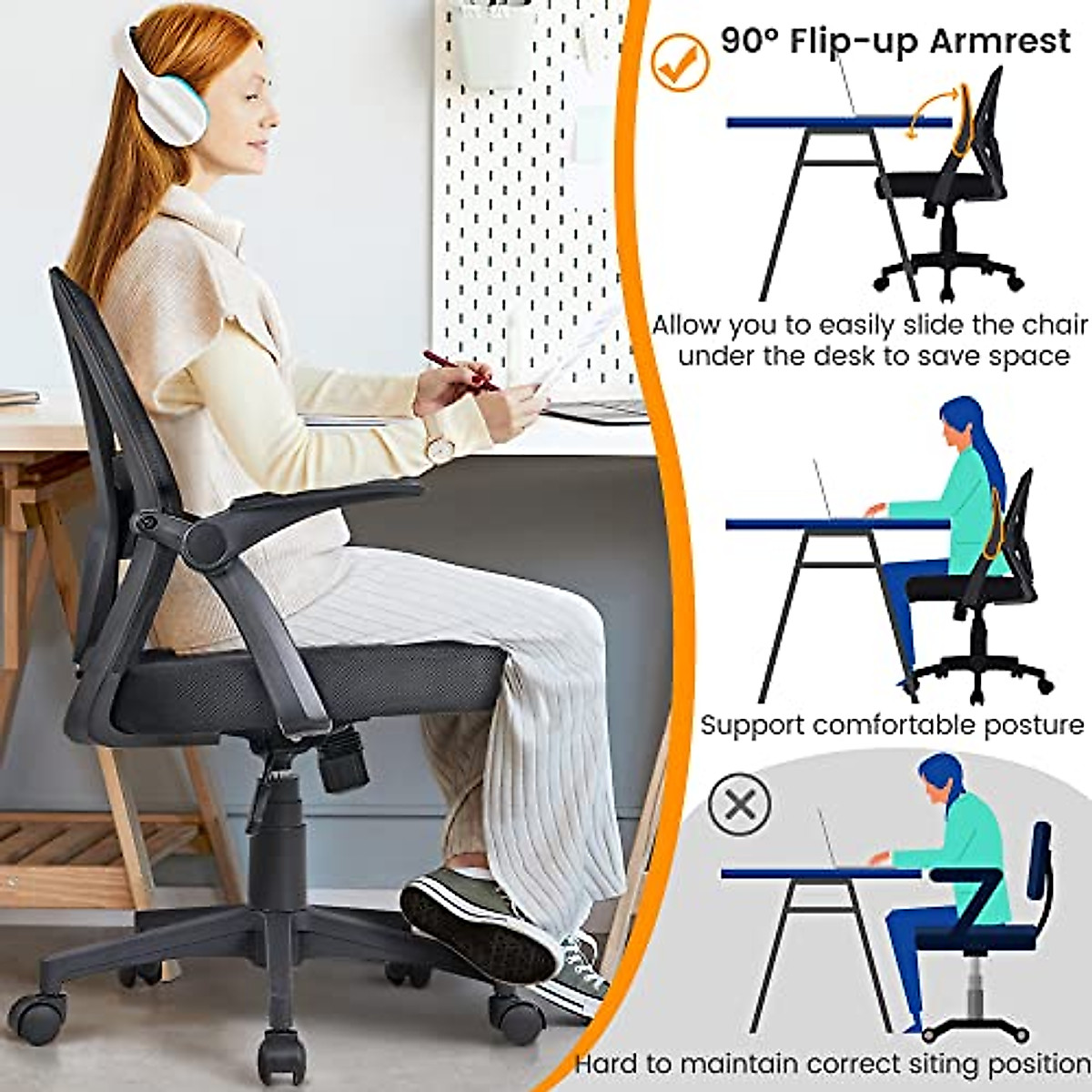 Yaheetech Home Office Chair Work Desk Chair Swivel Computer Mesh Chair with Flip-up Arms Adjustable Height Lumbar Support Executive Office Task Chair for Home Office Students Study, Black