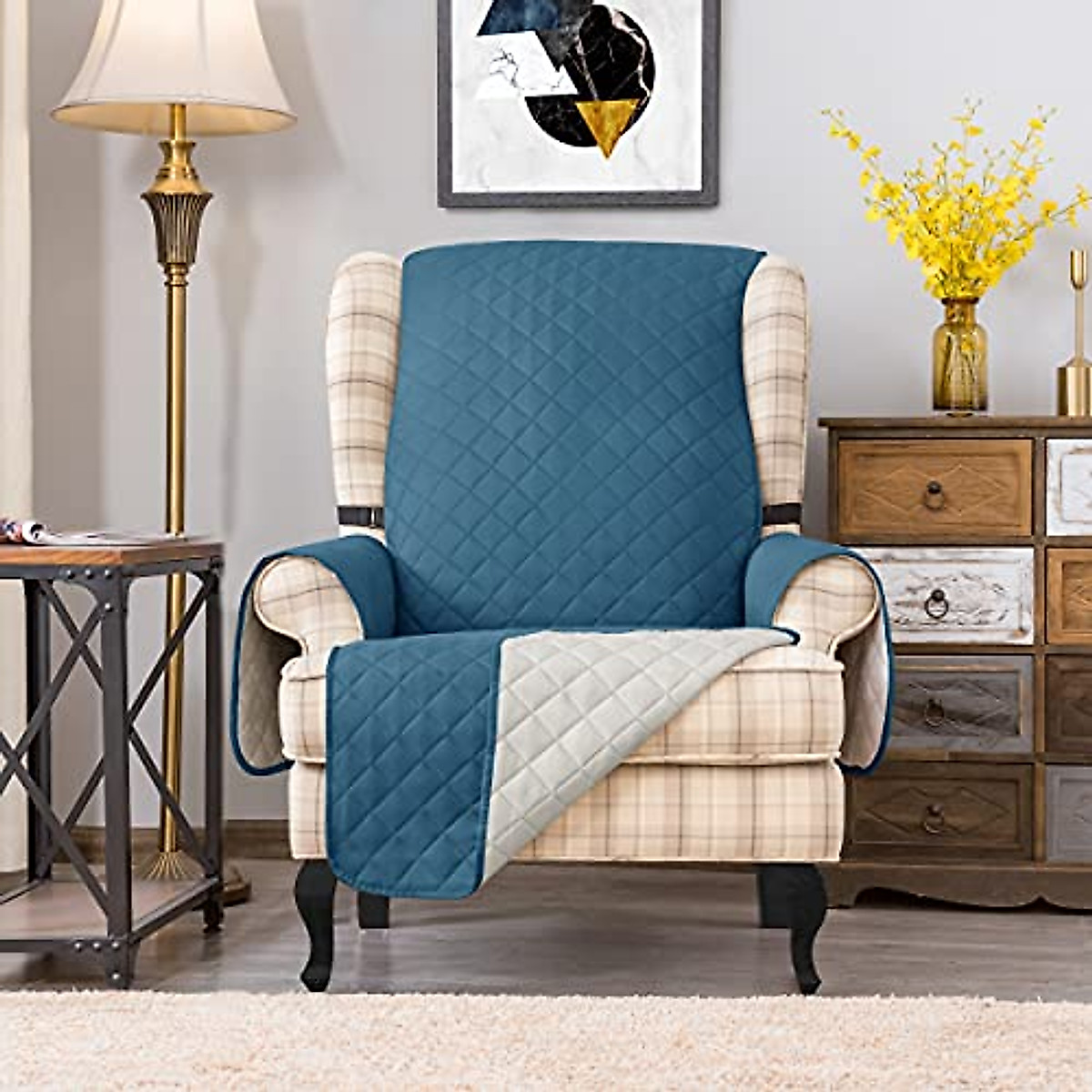 Hokway Wingback Chair Covers Armchair Slipcover with Adjustable Elastic Straps,1 Piece Furniture Chair Protector with Side Pockets for Fabric Leather Chair Covers for Living Room (Teal)