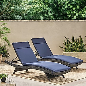 Christopher Knight Home Salem Outdoor Wicker Adjustable Chaise Lounge with Colored Cushions, 2-Pcs Set, Multibrown And Navy Blue