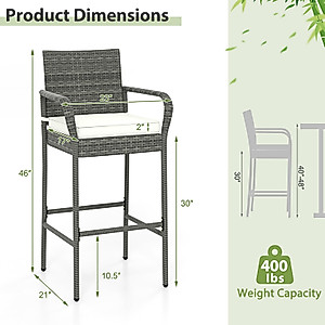 Tangkula Patio Wicker Barstools Set of 4, Outdoor PE Rattan Bar Chairs with Armrests & Soft Cushions, Stable Metal Frame, 400 lbs Max Load, Mix Brown PE Wicker Bar Chairs for Porch (2, Mix Gray)