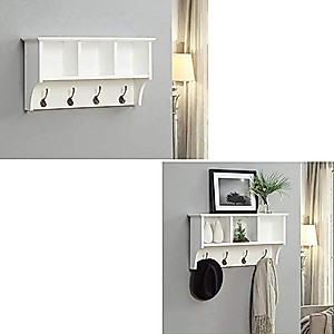 PIBM Stylish Simplicity Shelf Wall Mounted Floating Rack Wooden Wooden Storage Shelves Collection 4 Hooks/ 5 Hooks,2 Colors Avaliable, White , 85X35X18cm