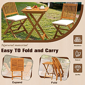 JUMMICO 3 Piece Folding Patio Chairs Outdoor Acacia Wood Bistro Set with Cushion Square Table and Chairs Porch Furniture for Balcony, Lawn, Deck