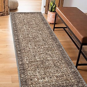 RYB HOME Brown Washable Runner Rug 2x6 for Enterway Hallway, Floral Vintage Distresssed Rug Soft Faux Wool Stain Resistant Non Slip Door Mat Runner for Kitchen Bathroom Laundry, 2x6 ft