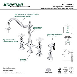 Kingston Brass KS1271PXBS 8-inch Center Heritage Two Handles Bridge Kitchen Faucet with Metal Side Sprayer, Polished Chrome