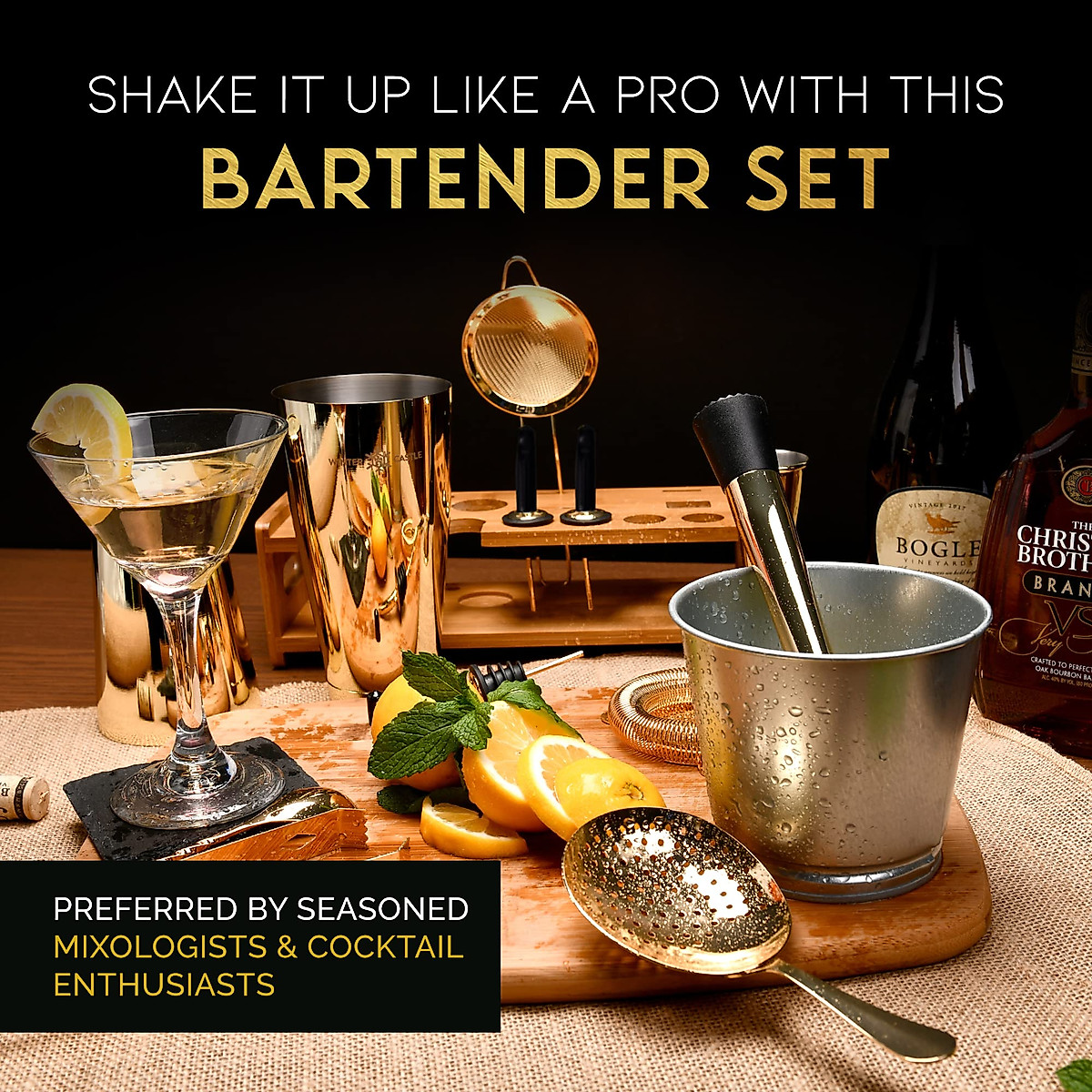 Cocktail Shaker Set 18 Piece, Mixology Equipment, All-in-One Cocktail Set, Drink Shaker, Strainers and Essential Bar Tools, Bar Set for Beginner & Professional Use, Gold - WinterCastle Enterprises