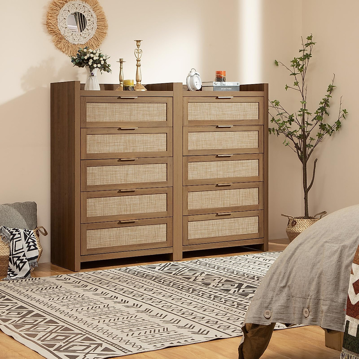 SICOTAS Dresser for Bedroom Chest of Drawers Tall Dresser with 5 Rattan Drawers Wood Dresser for Closet Boho Clothes Storage Tower Large Nightstand Sets for Living Room Hallway Nursery Entryway