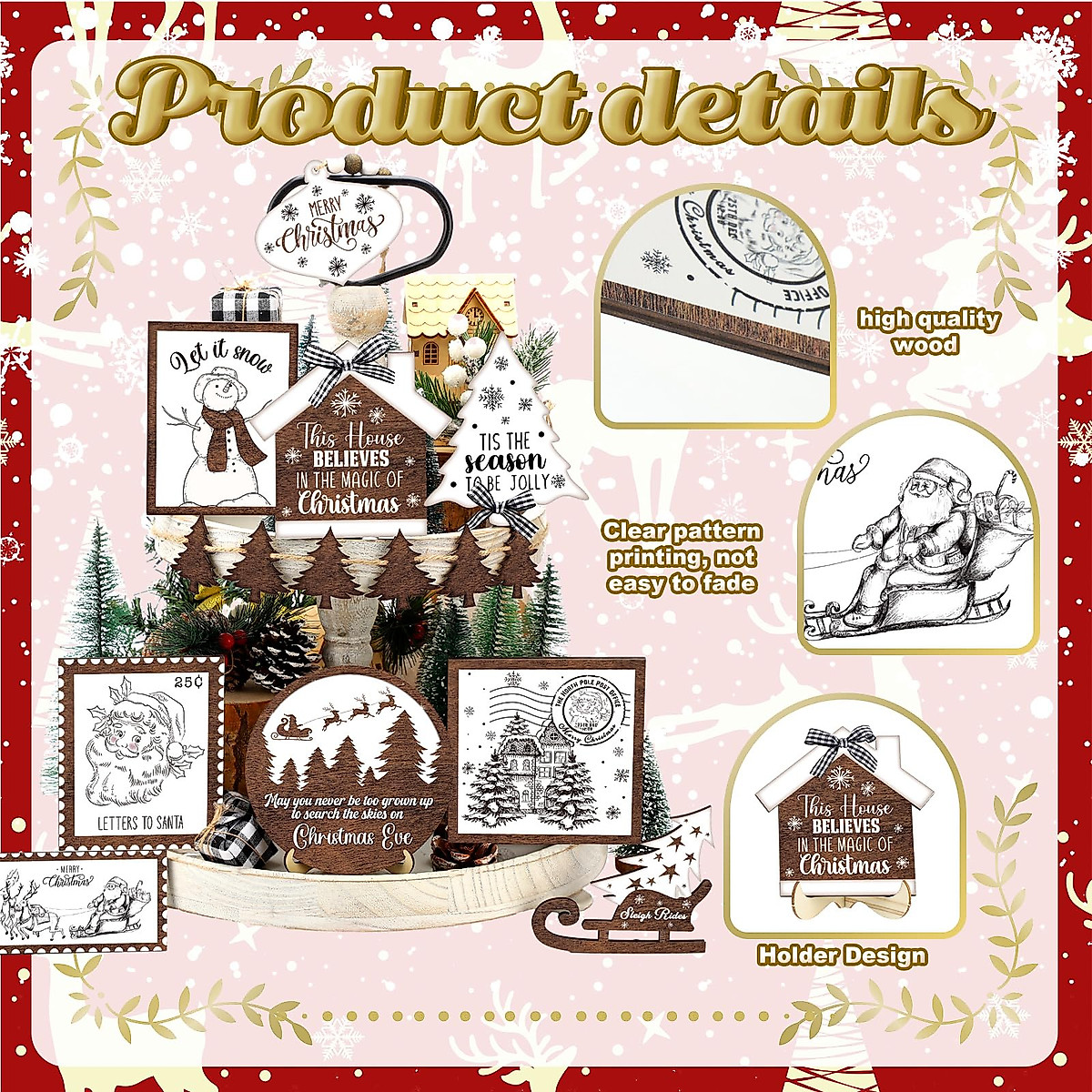 Dandat Christmas Tiered Tray Decor Winter Tiered Tray Decorations Set Snowman Snowflake Gnome Truck Wooden Signs Farmhouse Christmas Table Decorations for Home Table Shelf(Xmas Tree)