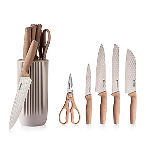 GOODA Kitchen Knife Set With Block,6-Piece Professional Chef Cooking Knives Set For Kitchen,Non-Stick Stainless Steel Knife Block Set (Khaki)