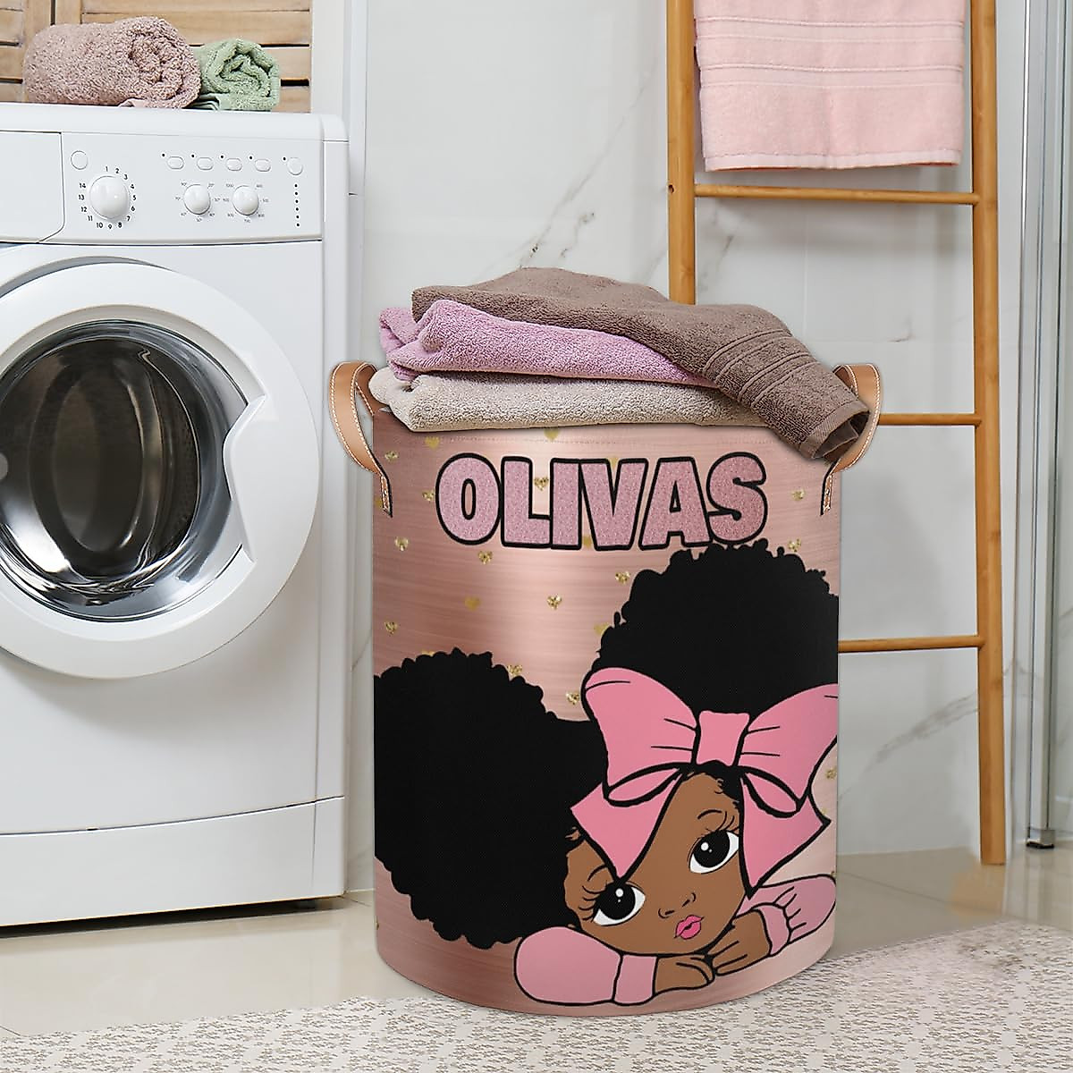 Personalized Laundry Basket, Custom Gift Laundry Hamper, Collapsible Nursery Waterproof Laundry Baskets, Dirty Clothes Toy Hamper with Handles Glittery Rose Gold Princess