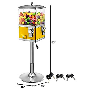 VEVOR Gumball Machine with Stand, Yellow Quarter Candy Dispenser, Rotatable Four Compartments Square Candy Vending Machine, PC & Iron Large Gumball Bank Adjustable Dispenser Wheels for 1" Gumballs