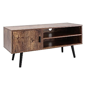 usikey Mid-Century TV Stand for TVs up to 50 Inches, Entertainment Center with Open Storage Shelves & Cabinet, Modern TV Console for Living Room, Rustic Brown