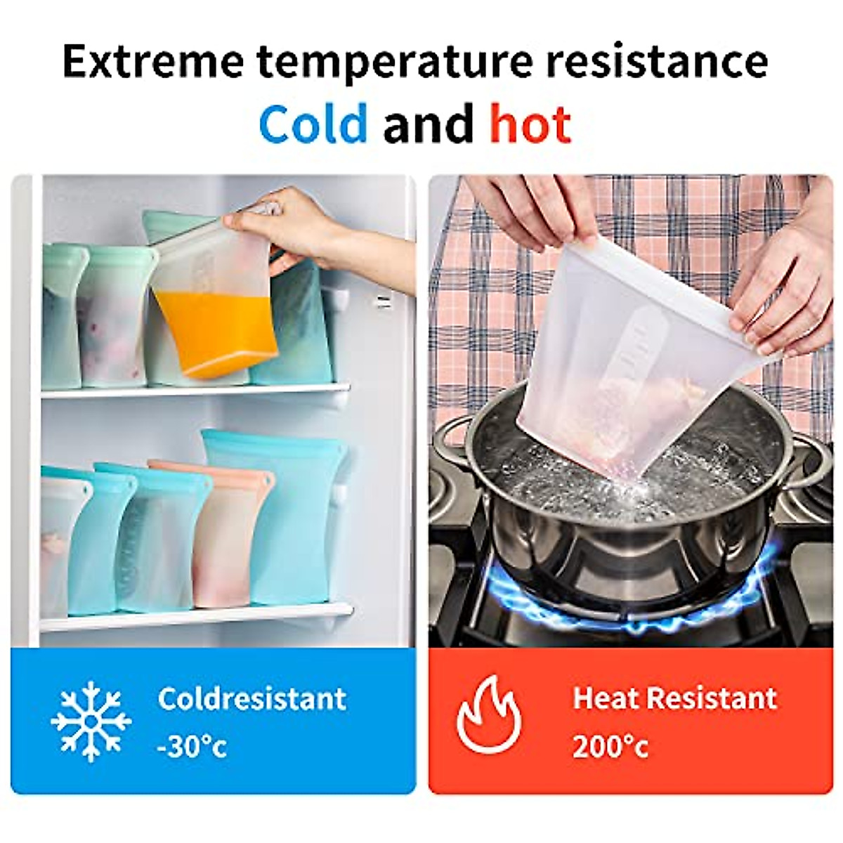 Reusable Silicone Food Storage Bags,Stand Up Leakproof Zip Containers,Reusable Sandwich Bags,Non-Toxic,BPA Free, Dishwasher Safe,Freezer-Safe,Easy to Clean（Set of 5）