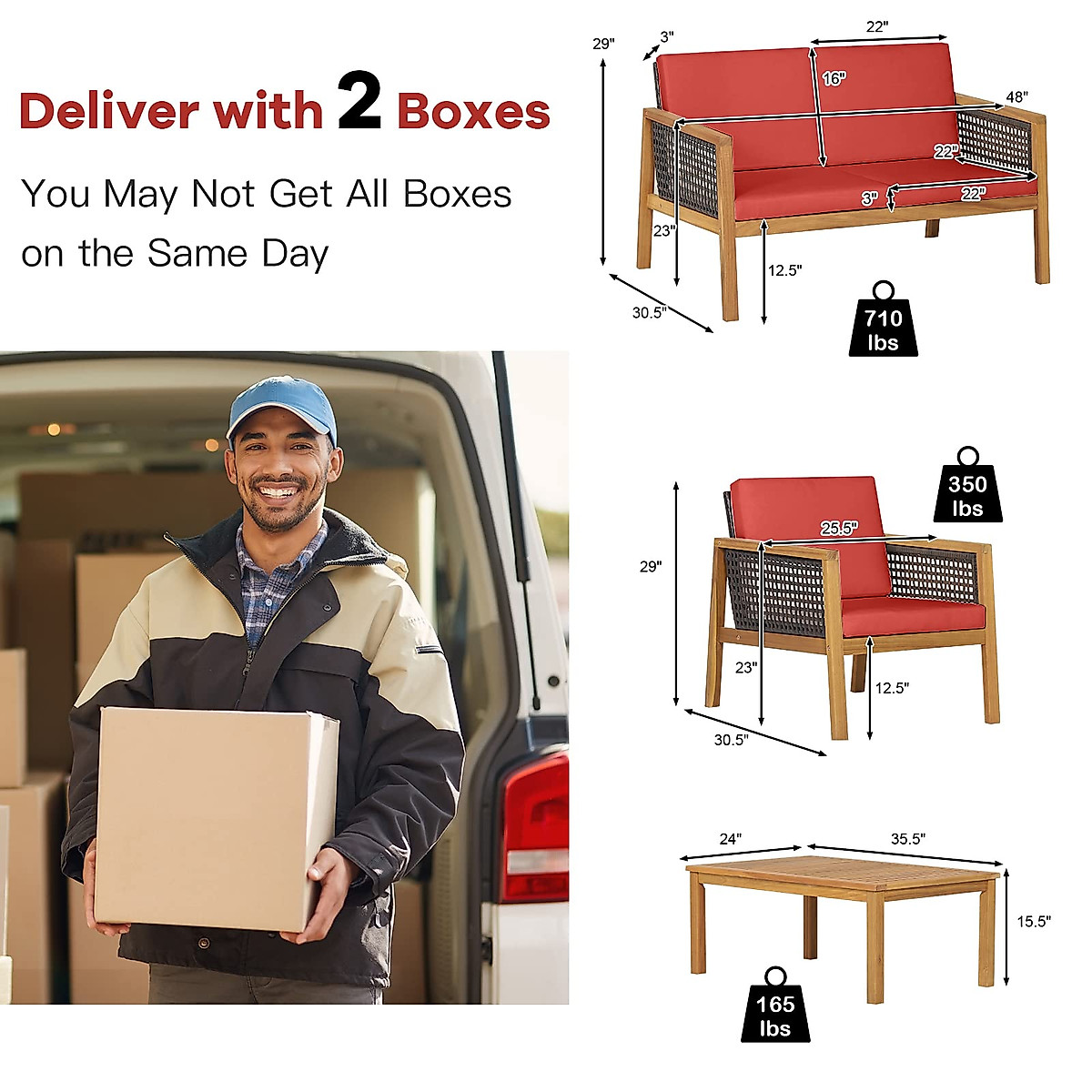 PATIOJOY 4 Pieces Outdoor Acacia Wood Furniture Set, Outdoor PE Wicker Conversation Set with Coffee Table and Soft Cushions, Outdoor Sofa Set for Garden, Poolside and Backyard (1, Red)