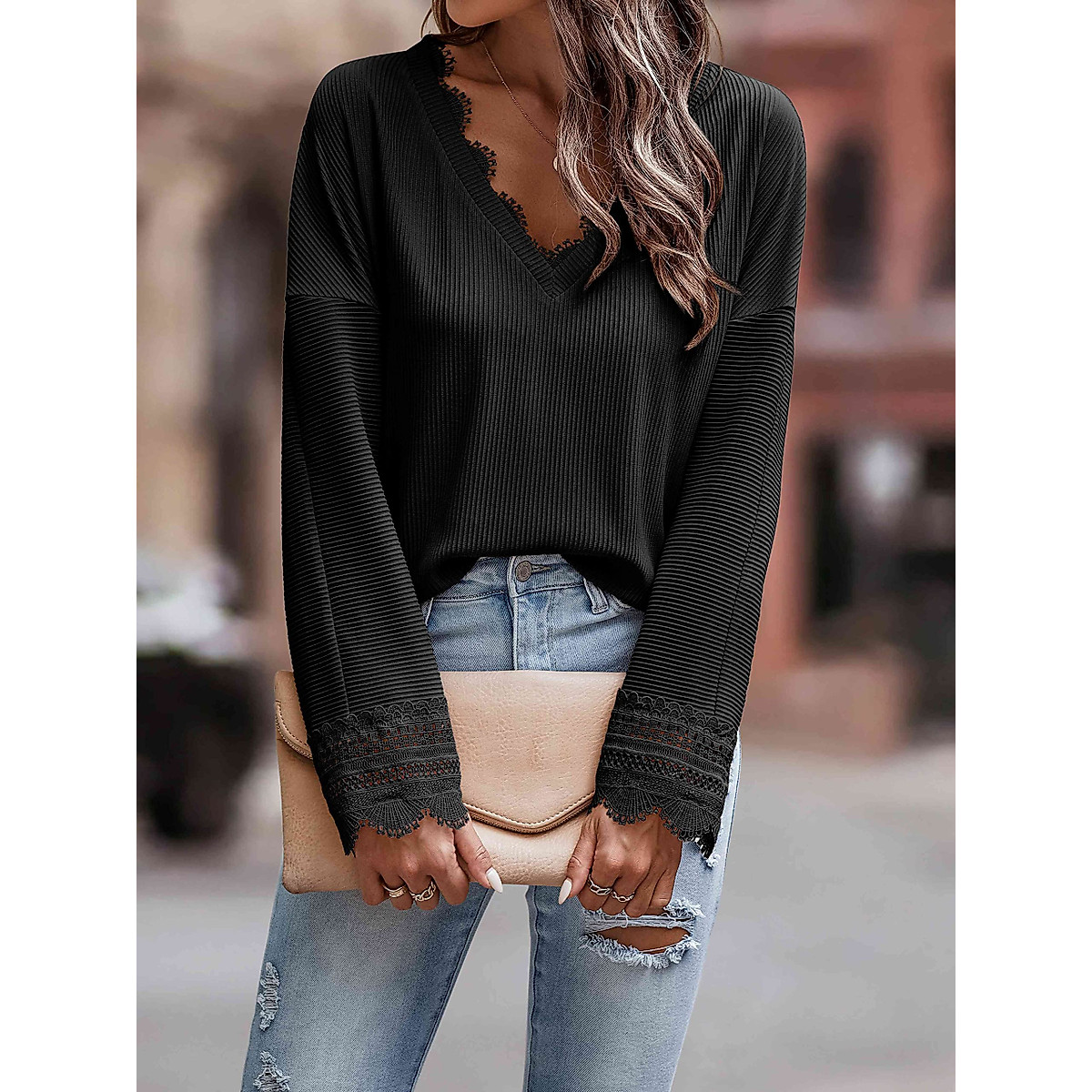 Trendy Queen Womens Fall Tops 2023 V Neck Lace Crochet Long Sleeve Blouses Teacher Outfits Ribbed Knit Sexy Casual Boho Clothes Fashion Tunic Tops A-Black