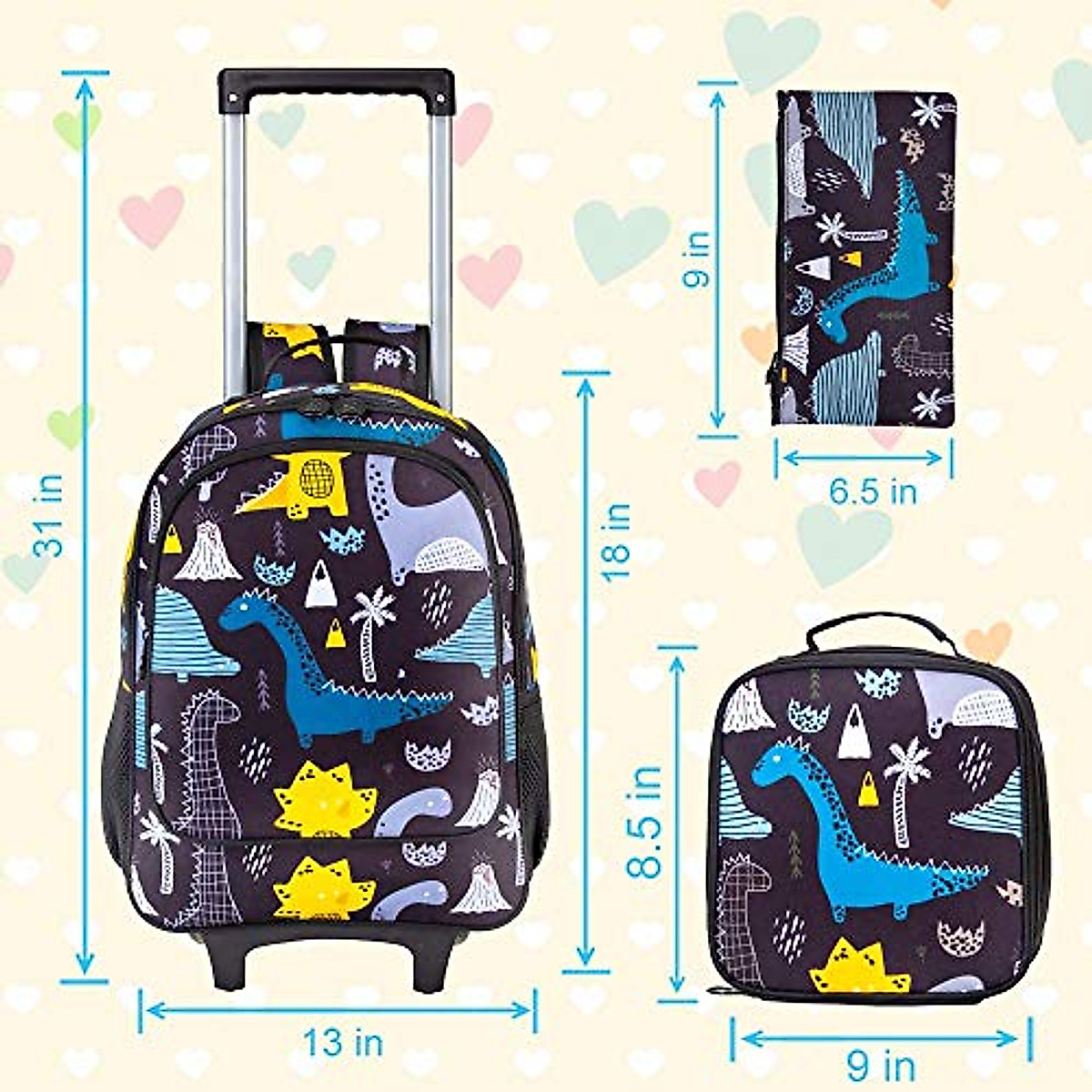 3PCS Kids Rolling Backpack, Boys Roller Wheels Bookbag, Wheeled School Bag with Lunch Bag - Dinosaur