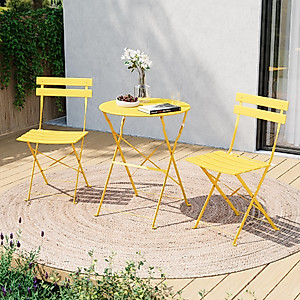 LAUSAINT HOME 3-Piece Steel Folding Bistro Set, Foldable Patio Furniture Set with Premium Frame, Outdoor Bistro Table and Chairs Set of 2 for Patio, Garden, Balcony and Poolside (Yellow)