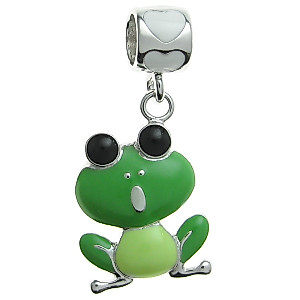 Queenberry Rhodium-plated Sterling Silver Lovely Green Frog Enamel European Style Dangle Bead Charm