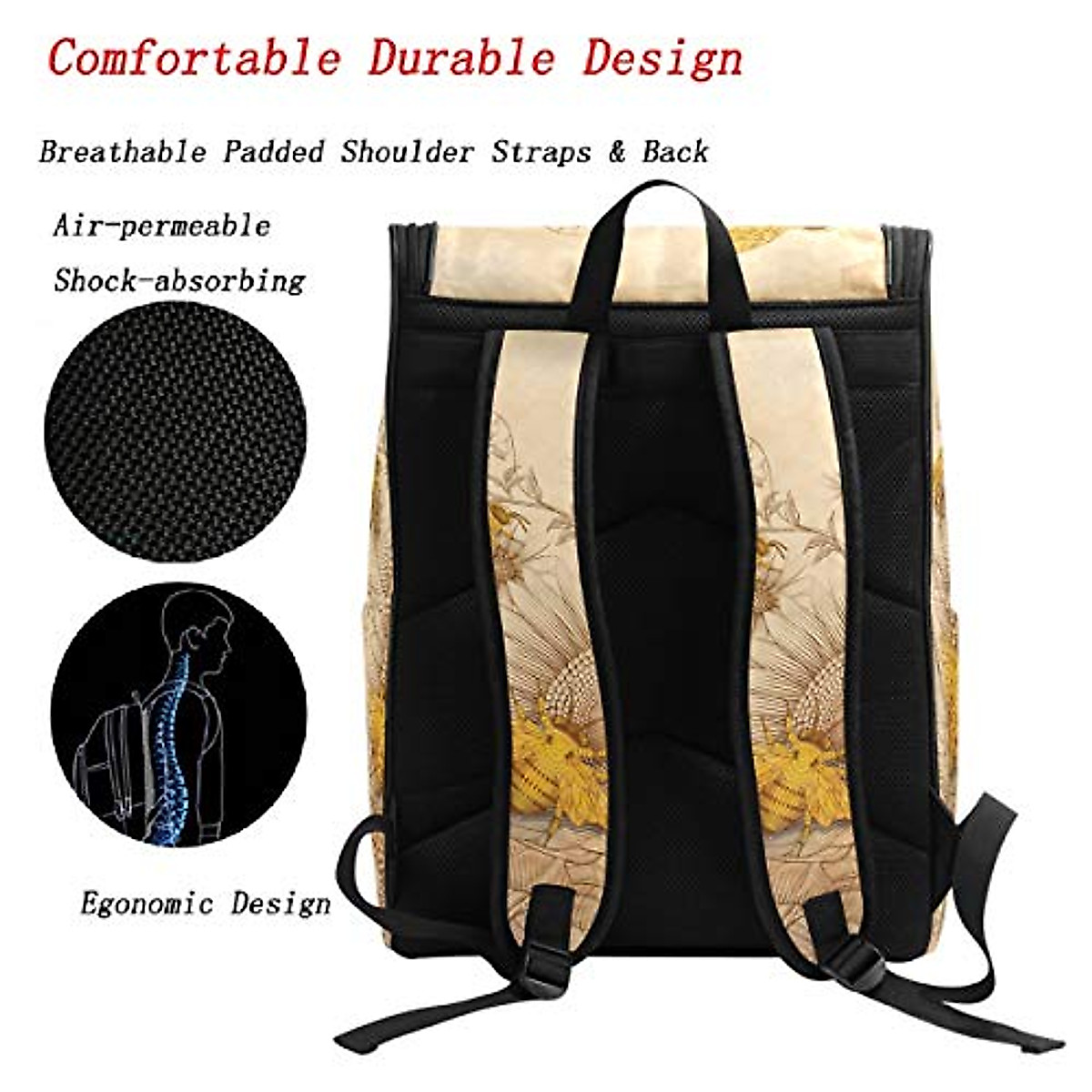 Naanle Stylish Honey Bees and Wildflowers Retro Style Casual Daypack College Students Multipurpose Backpack Large Travel Hiking Bags Computer Bag for Men Women