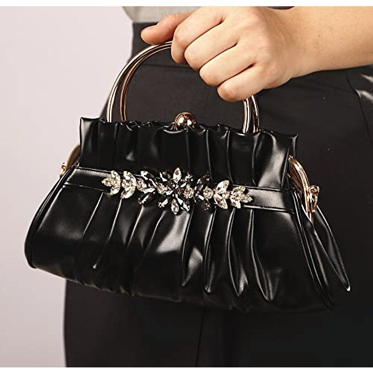 Sither Small Color Handbag Purses for Women Leather Handbag Purses with Crystal Clutch Purses Shoulder Chain Bags for Daily Party Prom Christmas Gift (black)