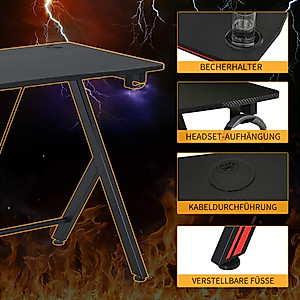 HOMCOM 41 inch Gaming Computer Desk, Home Office Gamer Table Workstation with Cup Holder, Headphone Hook, Cable Management, Carbon Fiber Surface
