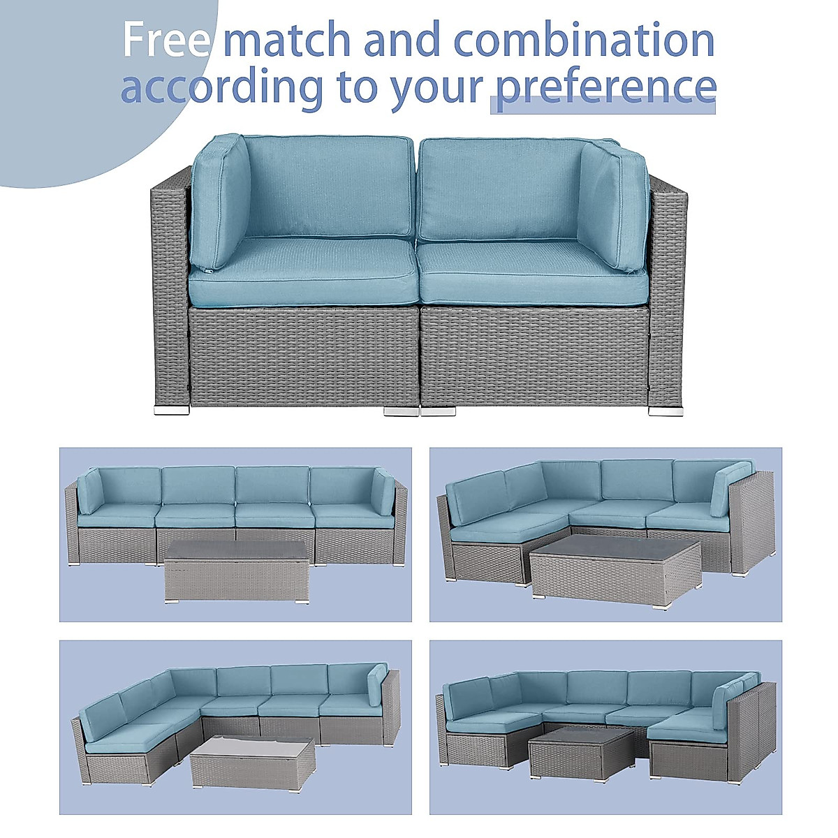 Patiomore 2 Pieces Outdoor Wicker Loveseat, Patio Rattan Sectional Furniture Corner Sofa Set All-Weather Grey Wicker with Removable Cushions for Balcony, Backyard, Garden (Sky Blue)