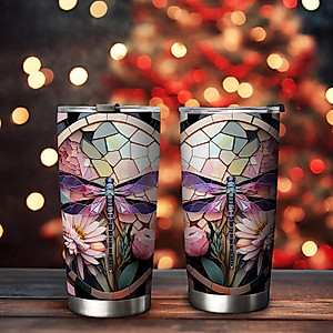 ORCAE 20oz Pink Crystal Stained Glass Flower Dragonfly Tumbler, Gifts for Dragonfly Lovers, Coffee Thermos for Women, Stainless Steel Double Wall Vacuum Insulated Coffee Mug, Travel Cup with Lid - E