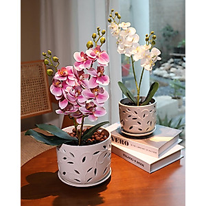 EFISPSS Orchid Pot with Holes, 5+6Inch Ceramic Plant Pots with Drainage Holes and Tray, Promoting Air Circulation and Drainage, Indoor/Outdoor White Flower Pots