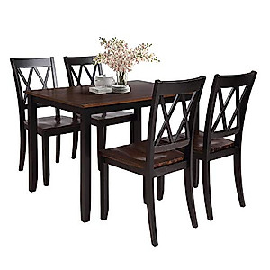 Knocbel 5-Piece Wood Dining Table Set, Elegant Home Kitchen Table with 4 Pcs Comfort High Backrest Chairs (Black with Cherry)
