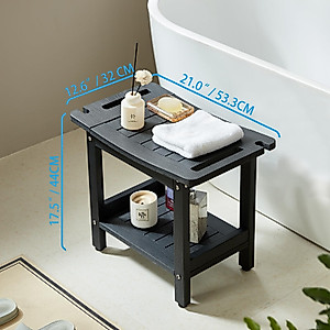 Shower Stool for Inside Shower, Poly Lumber Large Shower Bench Seat, Plastic Shower Bench Waterproof, for Sit on Bathroom Seat to Shaveing Legs with Storage Shelf, Adjustable Feet, Non-Slip(Black)…