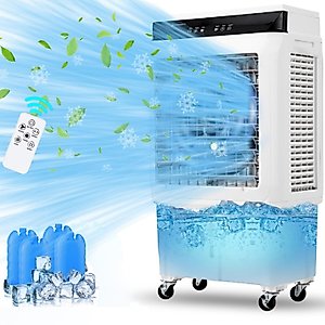 Takywep Evaporative Air Cooler, 1800CFM Swamp Cooler with Remote Control and 12H Timer, 4 Ice Packs, 3 Modes & Wind Speeds for Outdoor Indoor Use, 8.4 Gallon