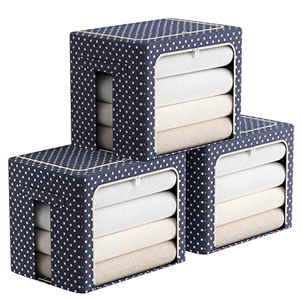 3 Pack Clothes Storage Organizer Bins - Foldable Metal Frame Storage Bins Stackable Oxford Cloth Fabric Container Organizer Set with Carrying Handles and Clear Window (Medium-36L, Navy Blue)