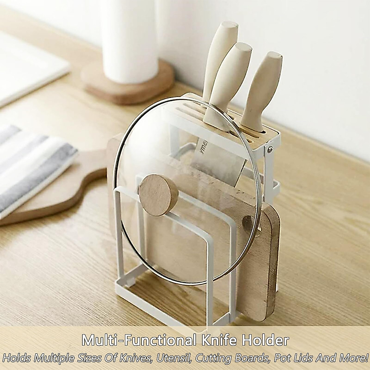 Knife Holder, Caliamary Kitchen Cabinet Knife Holder without Knives, Universal Metal Knife Block Cutting Board Organizer, Kitchen Storage Organizer. (White)