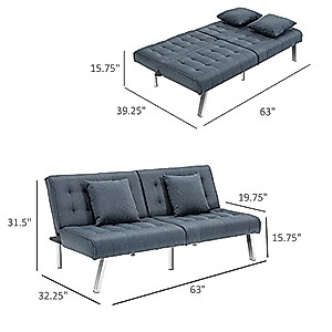 HOMCOM 2-Seater Convertible Sofa Bed with 7 Adjustable Angled Backrest Levels, 2 Pillows, and 5 Steel Legs, Grey