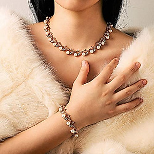 Unicra Pearl Bride Wedding Jewelry Set Crystal Bridal Necklace Bracelet Earrings Sets Rhinestone Choker Necklace Prom Costume Jewelry Set for Women and Brides (Gold)