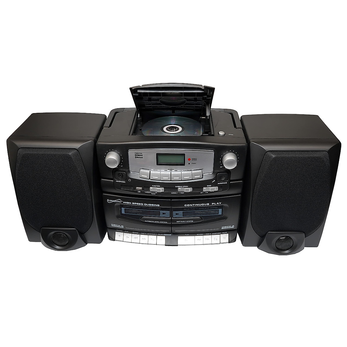 Supersonic Black Edition Vintage Bluetooth Stereo System Home Music Audio System,CD/MP3 Player,AM/FM Radio,Dual Cassette Player/Rec USB inputs,Detachable Speakers,AC/DC,(Remote Included)Matte Black