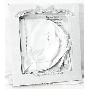 Stephan Baby Bonnets - White Cotton Christening Bonnet with Cutwork Embroidered Cross and Satin Bows, One Size, Straight Hem