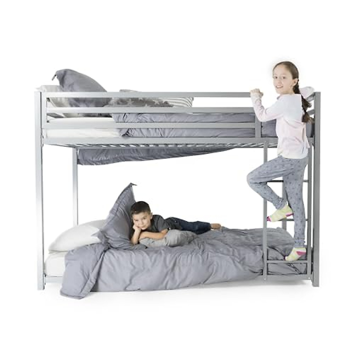 DHP Miles Low Metal Bunk Bed Frame for Kids, With Built-in Ladder, High Guardrail and Metal Slats, Floor Bed Bottom Bunk, No Boxspring Required, For Small Spaces, Full-Over-Full, Blue